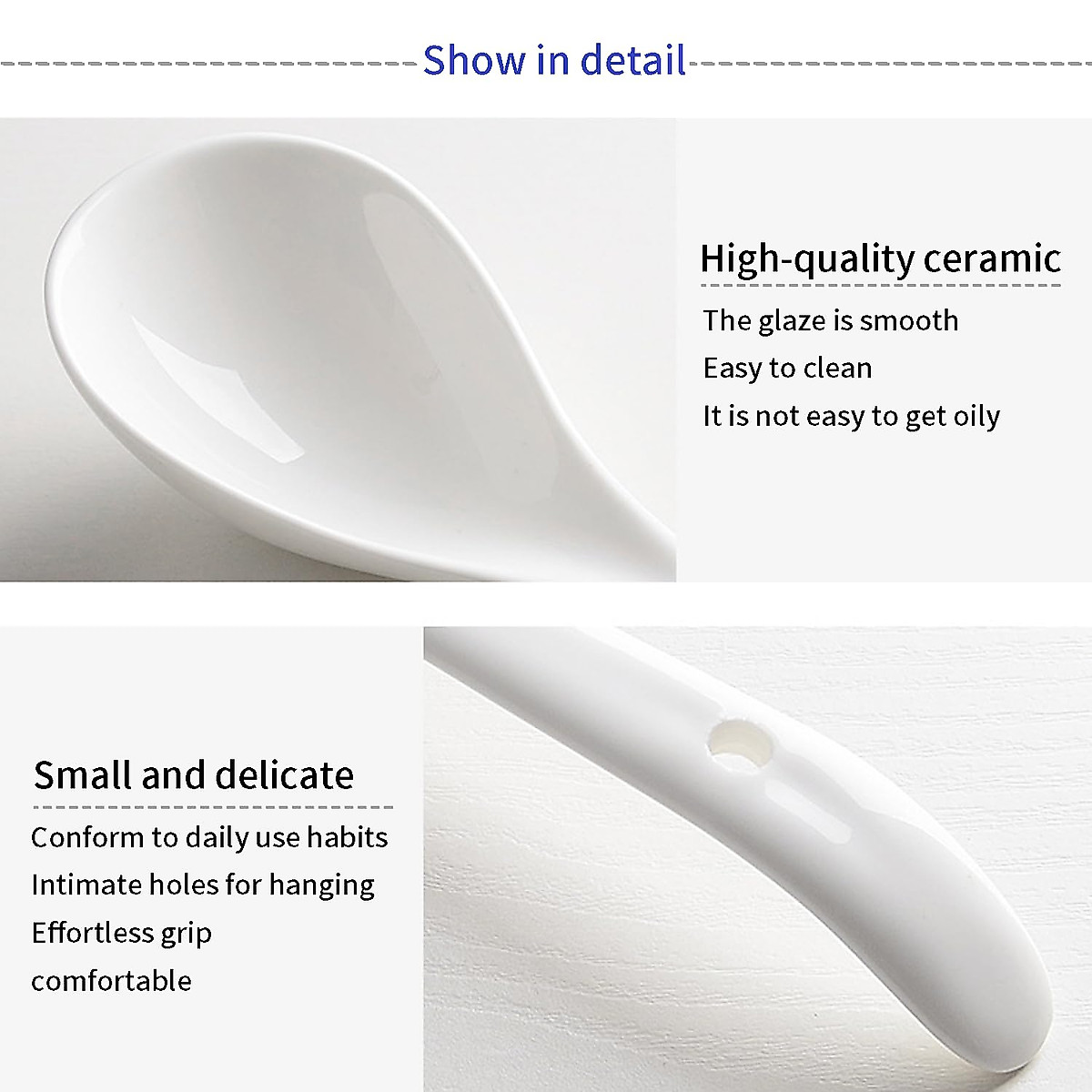 Soup Spoons, Asian Soup Spoons, Chinese Soup Spoons, Ceramic Spoons White Japanese Spoon Large for Dumpling Wonton Ramen Pho Miso, Deep Oval Hook Design, Set of 6