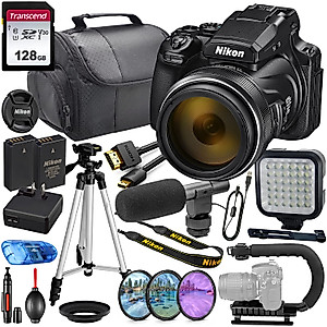 Nikon Intl. COOLPIX P1000 Digital Camera MFR 26522 Video Making Bundle + 128GB High Speed V30 Memory + LED Light, Shotgun Mic, Video U-Bracket + Bag, HD Filters and More