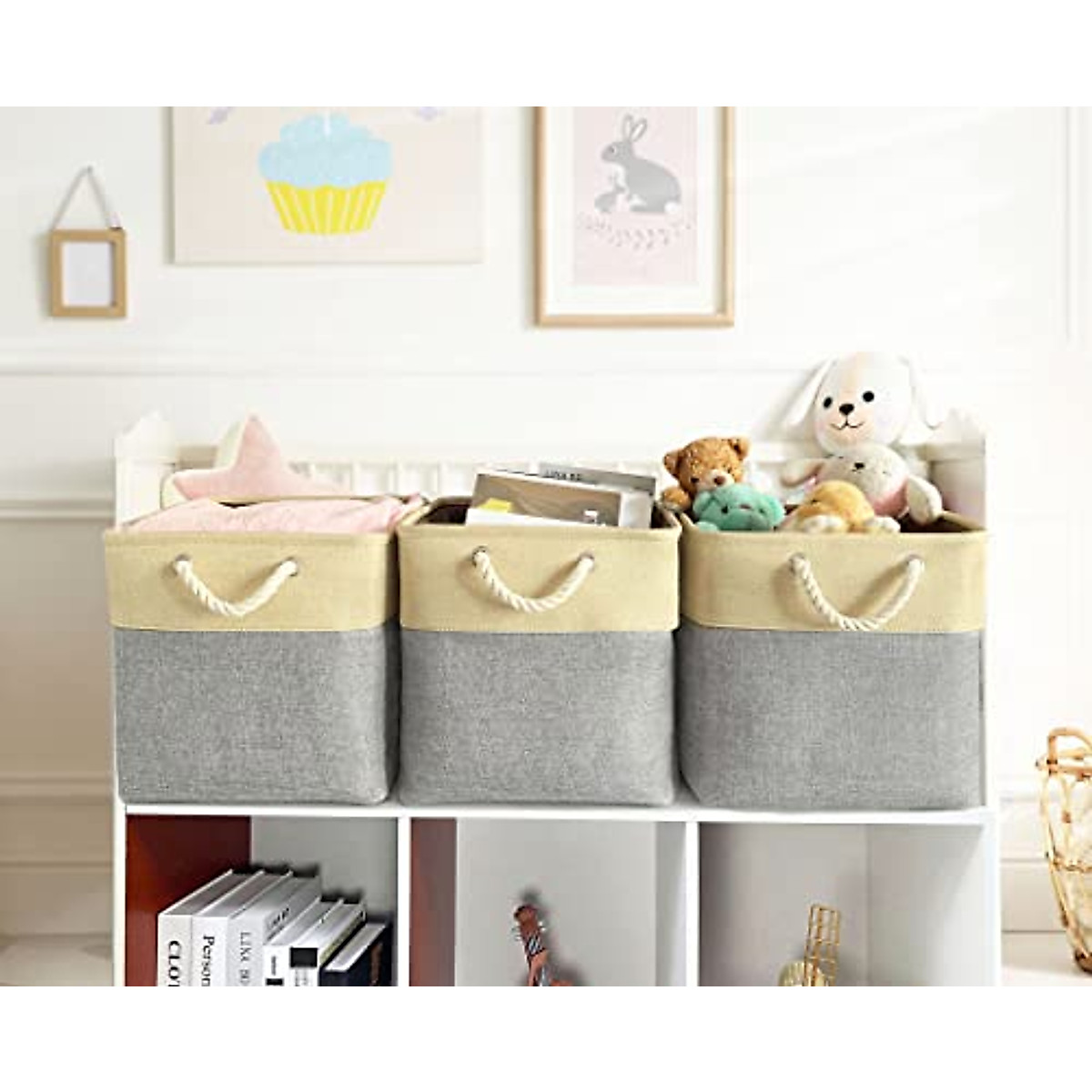 Cube Storage Organizer Bins 13x13 Fabric Storage Cube Bins for Shelves Toys Towel Books, Collapsible Storage Baskets with Cotton Handles for Closet, Clothes, Grey