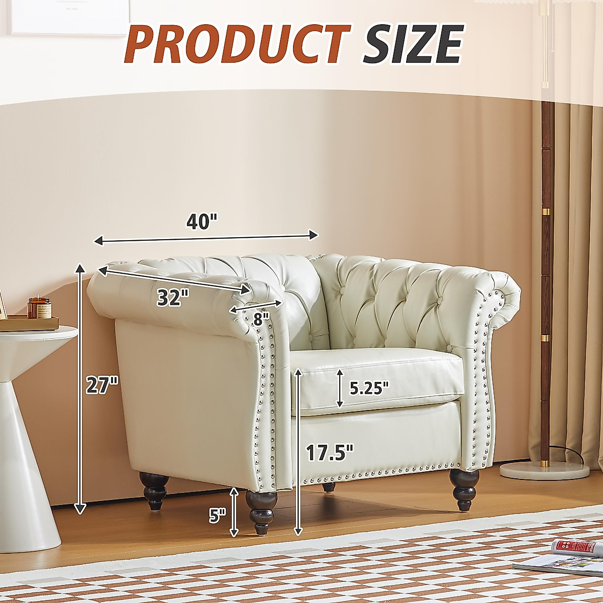 3 Piece Living Room Set, Chesterfield Faux Leather Sofa Loveseat Couch Chair with Scroll Arms and Nailhead for Living Room, Office (White)