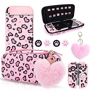 DLseego Pink Love Leopard Carrying Case for Switch OLED, Cute Silicone Protective Soft Cover with 4PCS Thumb Grip Caps and Pink Plush Heart Pendant Hard Storage Case Accessories Kit Bundle for Girls