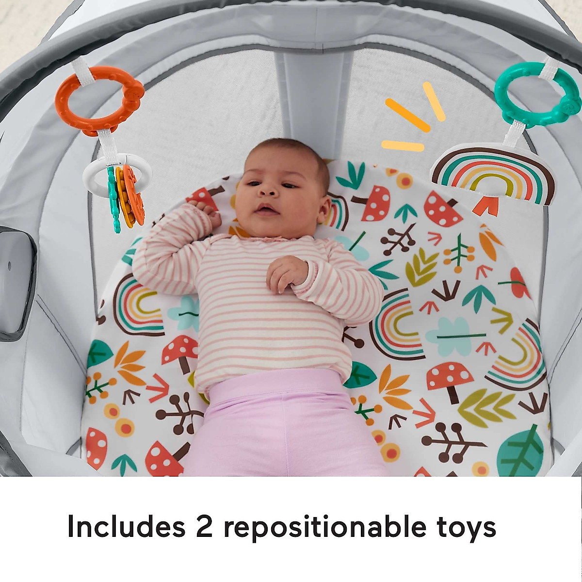 Fisher-Price Portable Baby Bassinet and Travel Play Area with 2 Toys, Indoor or Outdoor Use, On-The-Go Baby Dome, Whimsical Forest, HMV24