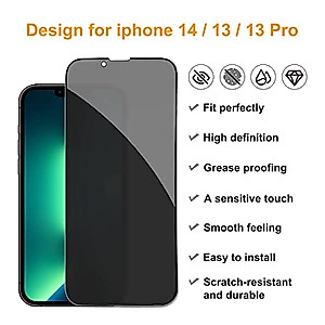 [2 Pack] iPhone 14/iPhone 13/iPhone 13 Pro Privacy Screen Protector Anti-Spy Tempered Glass Film 9H Hardness Upgrade Edge Protection Easy Installation Bubble Free [6.1 inch]