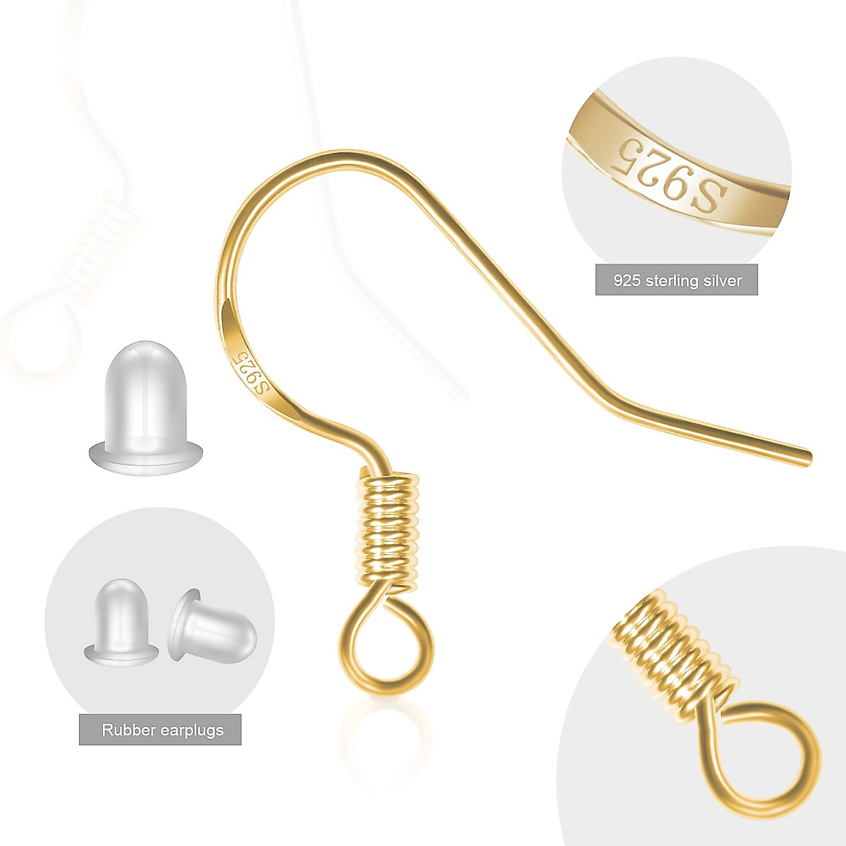 925 Sterling Mixed Earring Hooks 120 PCS/60 Pairs Hypoallergenic Ear Wires Fish Hooks for Jewelry Making, Jewelry Findings Parts with 120 PCS Rubber Earring Backs Stopper for DIY Earrings