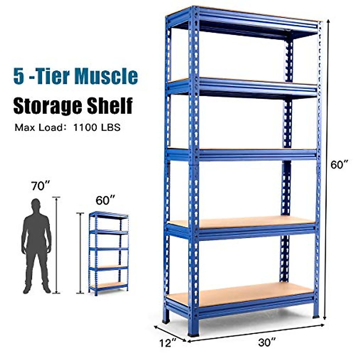 Tangkula 5-Tier Storage Shelves, Heavy Duty Steel Frame Muscle Rack 60in Garage Shelf with Adjustable Shelves, Boltless Shelving Unit for Free Combination, Metal Utility Shelves (1, Navy Blue)