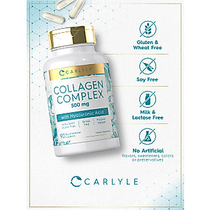 Carlyle Collagen Pills with Hyaluronic Acid 500mg | 90 Capsules | Hydrolyzed Collagen Supplement | Non-GMO, Gluten Free