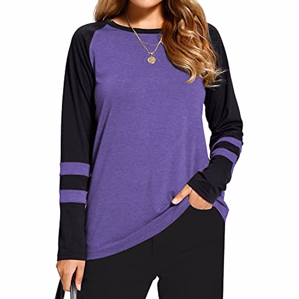Heymiss Womens Shirts Long Sleeve Color Block Casual Work Out Tunic Tops Sexy Basic Oversized Tshirt Purple Black XXL