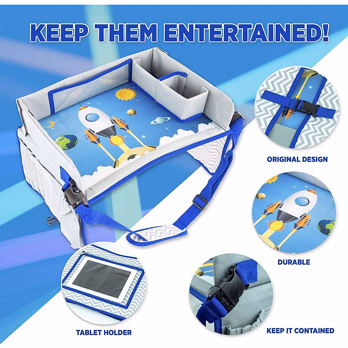 Thr33E Car Seat Kids Travel Tray - Travel Lap Desk Active Accessory for Child’s - Kids Tablet iPad Holder Stand Art Storage Pockets (Blue)