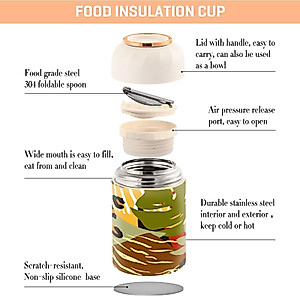 CUPADA Tropical Leaves Food Jar for Hot and Cold, Leopard Skin Insulated Food Jars Vacuum 17OZ with Folding Spoon for Work Trip Picnic Camping