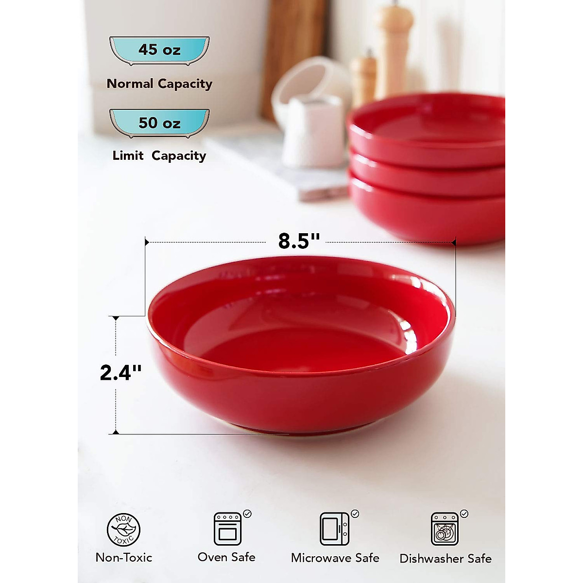 LE TAUCI Pasta Bowls 45 Oz+ Soup Bowls with Handles 28 Oz, Red