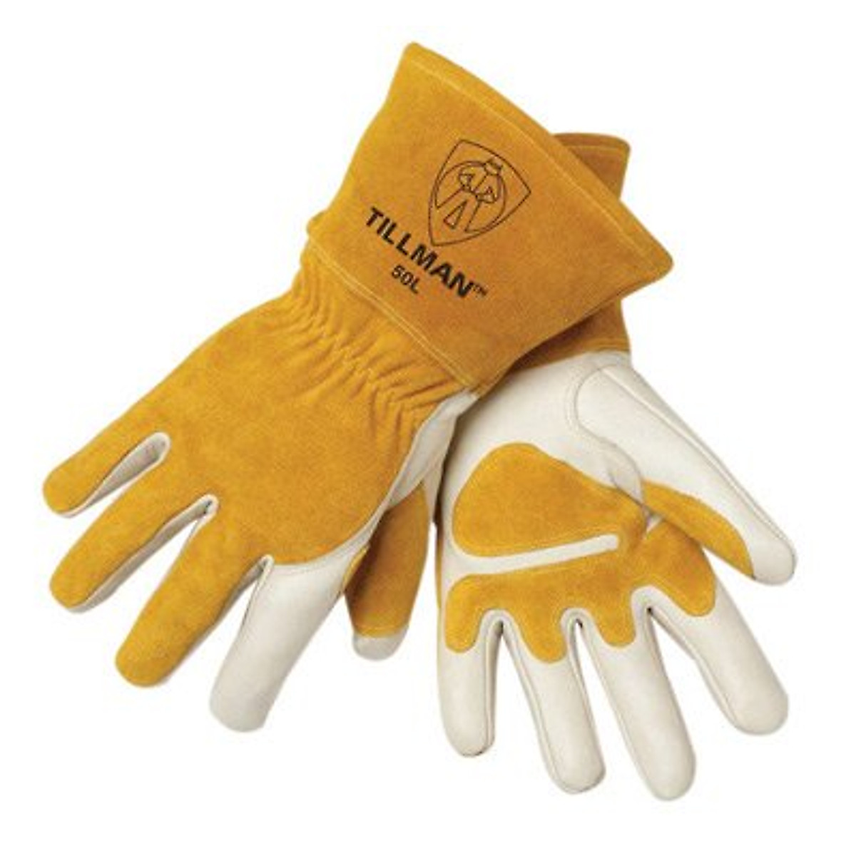 Tillman Medium 14" Pearl Top Grain Side Split Cowhide Fleece Lined Premium Grade MIG Welders Gloves With Gauntlet Cuff, Seamless Index Finger And Elastic Back (Carded)