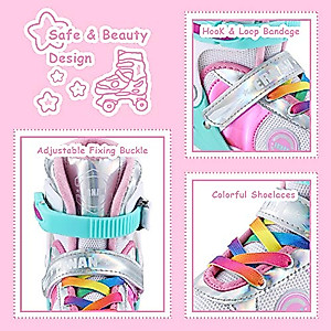Kids Adjustable Roller Skates for Girls Boys Beginner, 4 Size Adjustable Roller Skates with Light Up Wheels and Colorful Shoelaces (Colorful Pink, Medium(2-5))