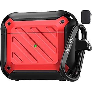 Maxjoy for Airpods 3 Case Cover 2021, Airpods 3 Protective Case Gen 3 Rugged Hard Shell Shockproof Cover with Keychain Compatible with Apple Airpods 3rd Generation Charging Case 2021, Red
