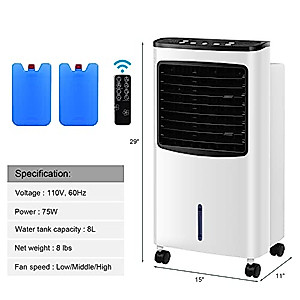 PETSITE Portable Evaporative Air Cooler, 3-in-1 Oscillation Cooling Fan with Remote Control, 2 Ice Packs, Humidifying, 3 Speeds, 7.5H Timer, Personal Swamp Cooler for Bedroom Home Office Garage