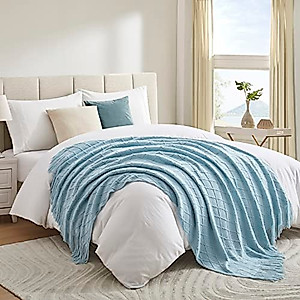 Counfeisly Acrylic Knitted Throw Blanket, Lightweight and Soft Cozy Decorative Woven Blanket with Tassels for Couch, Bed, Sofa, Travel, Suitable for All Seasons, 50 x 60 Inches, Blue