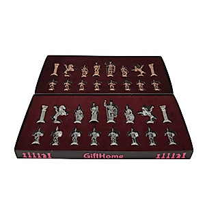 Historical Antique Copper Rome Figures Metal Chess Set for Adults, Handmade Pieces and Marble Design Wood Chess Board King 4 inc
