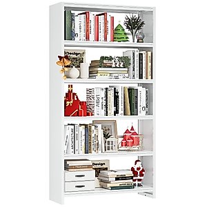 DUTYSEST 5 Tiers Metal White Bookshelf - 69.3" Tall Bookcase, Display Storage Shelves with Bookend, Heavy Duty Steel Bookshelves for Living Room, Office, Bedroom, Library