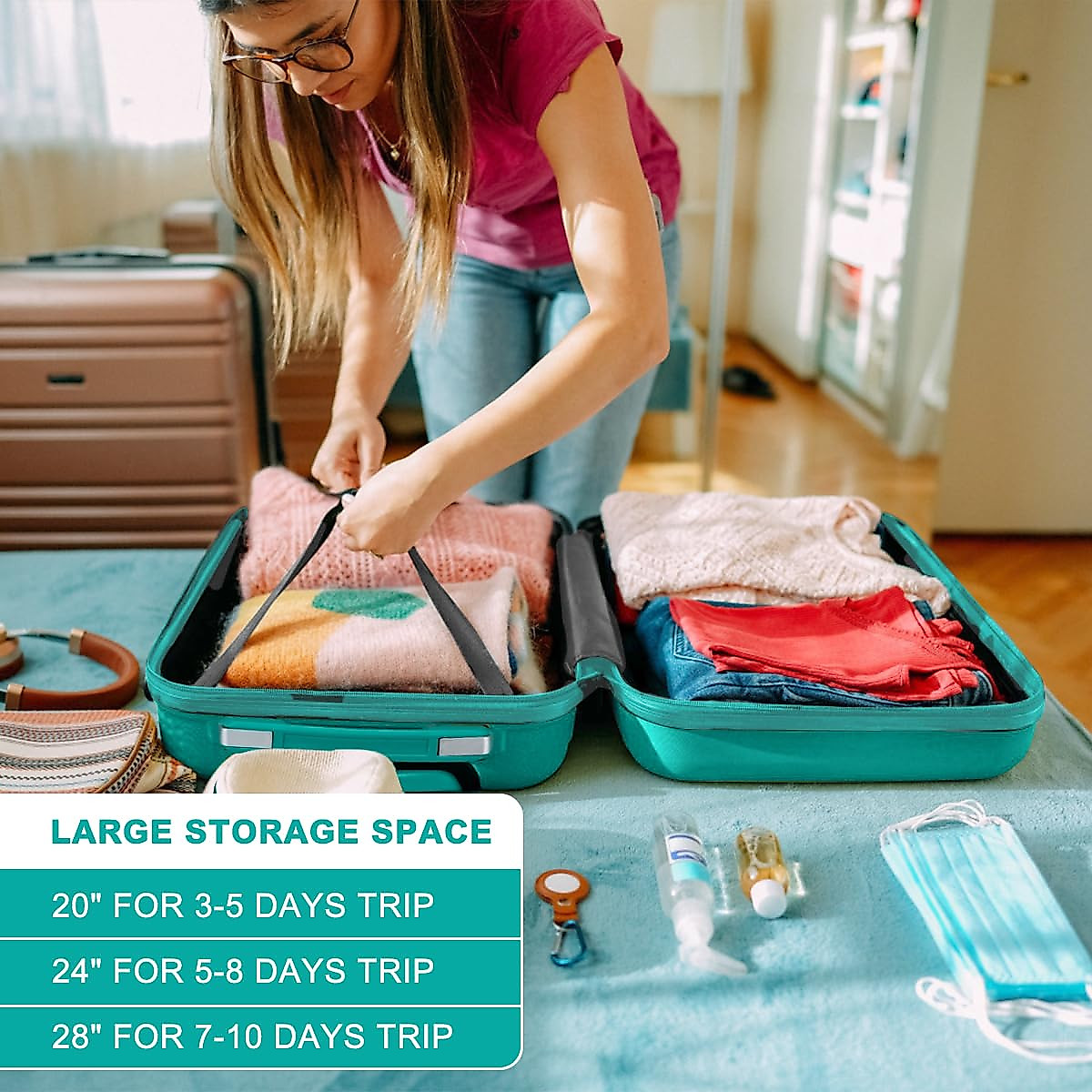 Kono 4 Piece Luggage Sets Expandable(only 28") Lightweight with Spinner Wheels TSA Lock Hardside Travel Rolling Suitcases 20in 24in 28in Carry on and 12in Mini Cosmetic Case Turquoise