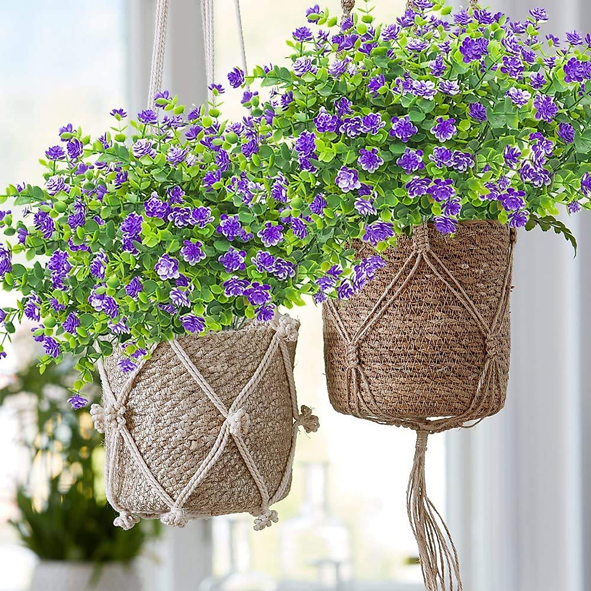 ZWYOQI 8 Bundles Artificial Flowers Outdoor UV Resistant Fake Plastic Plants Faux Greenery Shrubs Indoor Outside Hanging Planter Home Kitchen Office Wedding Garden Décor (Purple/8pcs)