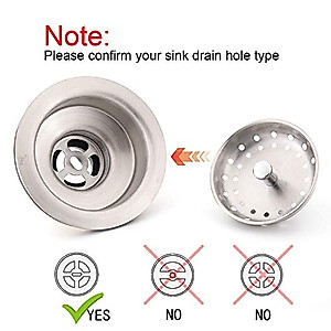KONE 2PCS Kitchen Sink Basket Strainer Replacement for 3-1/2 Inch Standard Drains Brushed Stainless Steel Body Metal Center Knob with Rubber Stopper