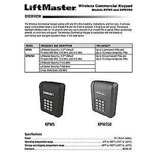 LiftMaster KPW5 Wireless 5 Code Commercial Keypad