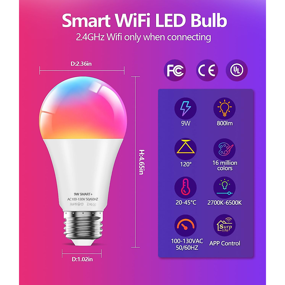 luckystyle Smart Light Bulbs, 9W A19 E26 800LM WiFi Bluetooth LED Bulbs Compatible with Alexa, Google Assistant & Home, 16 Million Colors Music Sync Color Changing Dimmable RGBWW Lights Bulb (4)