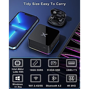 2023 New Mini PC 16GB DDR5 512GB M.2 SSD Windows 11 Pro Intel Alder Lake N95(up to 3.4Ghz) 4-Core CPU Mini Desktop Computer Support RGB Light HDMI 4K 2.4G/5G WiFi Bluetooth 4.2 Gigabit Ethernet