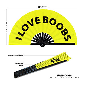 I Love Boobs Hand Fan Foldable Bamboo Circuit Hand Fan Funny Gag Curse Words Expressions Statement Gifts Festival Accessories Rave Handheld Circuit Event Fan Clack Fans (Yellow)