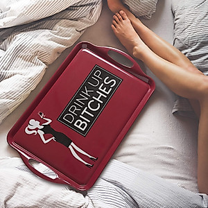 Chris's Stuff Wine Serving Tray with Handle 18.8 x 11.8 Inch - 100% Melamine Food Safe (Drink Up Bitches)