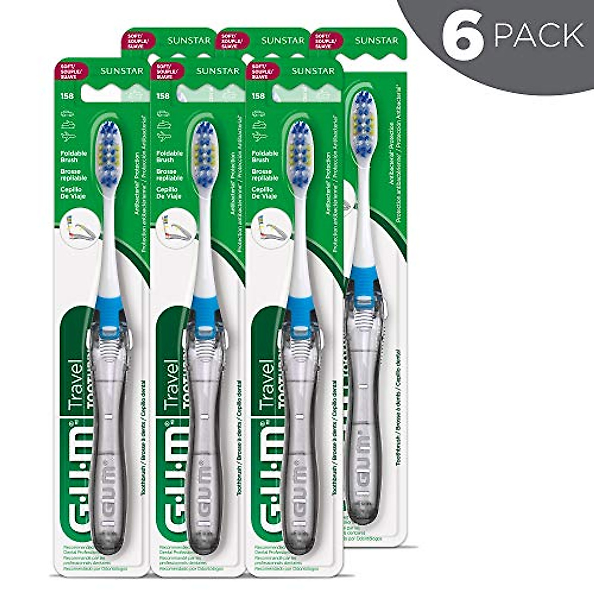 GUM Folding Travel Toothbrush with Antibacterial Soft Bristles (Pack of 6)