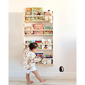 Furpinea Handmade Natural Wood 4 Tier Montessori Wall Mounted Kids Wide Book Shelf for Nursery (Narrow 13" Width, Natural)