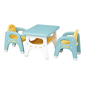 Elepude Kids Table and Chairs Set Plastic Durable Toddler Table and Chair Set -Children Activity Table and 2 Chairs for Drawing, Painting, Arts and Crafts, Gift for Boys Girls (Blue&Yellow)