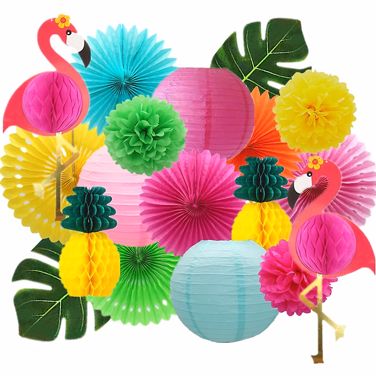 Flamingo Party Honeycomb Decoration, Hanging Paper Fan, Palm Leaf , Pineapple Paper lanternFiesta Party Supplies, Tissue Paper Flowers for Hawaiian Beach Luau Party Birthday Wedding Photo Backdrop