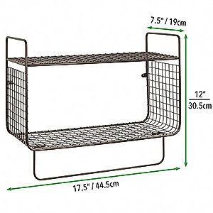 mDesign Steel Wall Mount Towel Rack Storage Organizer Shelf Holder with Towel Bar - for Bathroom, Laundry Room, Kitchen, Garage - Holds Hand Towels, Washcloth - Concerto Collection - Bronze