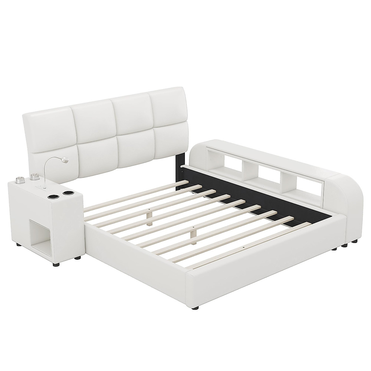 EOVTK Queen Size Upholstered Platform Bed with Built-in Multimedia Nightstand and Storage Shelves, Faux Leather Platform Bed Frame with 2 Cup Holders, Light and Charging Station, White