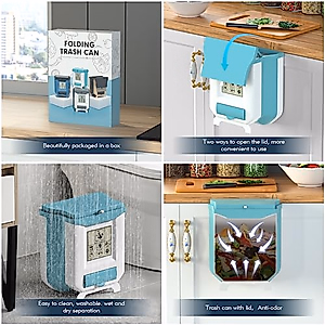 HI NINGER Small Trash Can with Lid, 2.4 Gallon Capacity, Blue/White Color, Plastic Material, Hanging Design, Ideal for Kitchen, Bathroom, RV, Camping