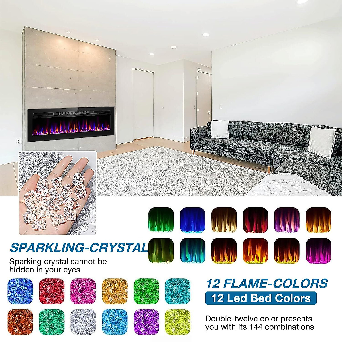 31 Inch Electric Fireplace Recessed and Wall Mounted, Fireplace Heater and Linear Fireplace, Ultra-Thin Electric Fireplace, Low Noise, with Timer, Remote Control, Adjustable 12 Flame Color, 750/1500W