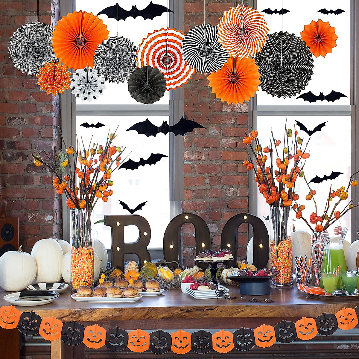 Halloween Party Decorations, Black Orange Party Hanging Paper Fans, Pumpkin Smile Party Banner, 3D Bats Wall Stickers for Halloween Themed Birthday Party Background Classroom Decorations Home Decors