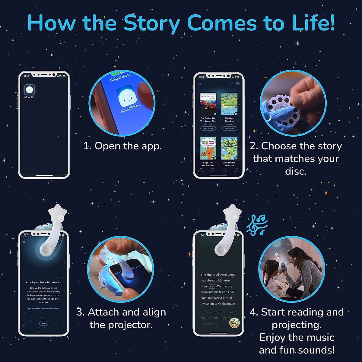 Moonlite Storytime Storybook Reels, 3 Story Set, Moana, Lilo and Stitch, The Little Mermaid, Digital Stories for Projector, Toddler Early Learning Gifts for Kids Ages 12 Months and Up