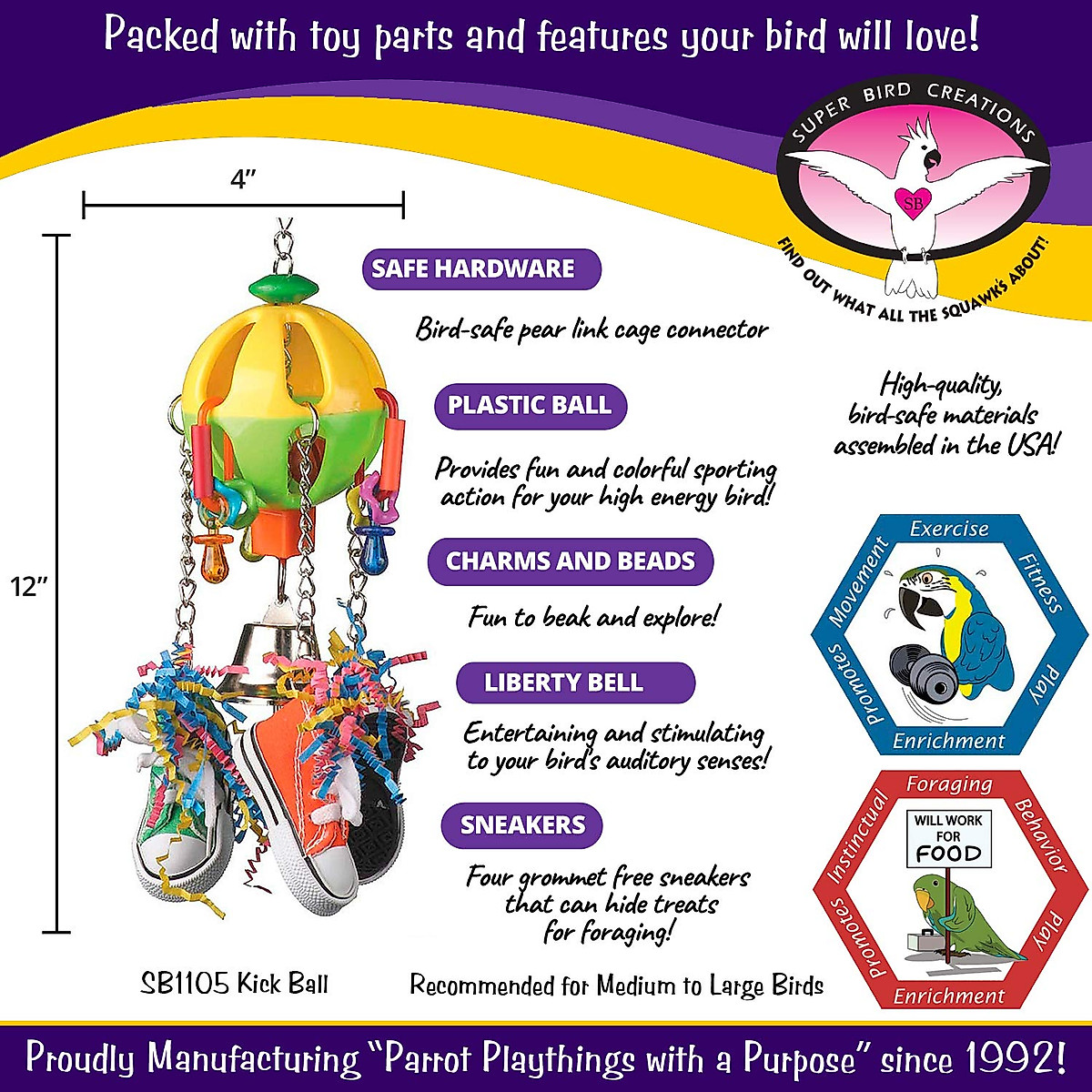 Super Bird Creations SB1105 Kick Ball Bird Toy, Medium/Large Bird Size, 12" x 4"