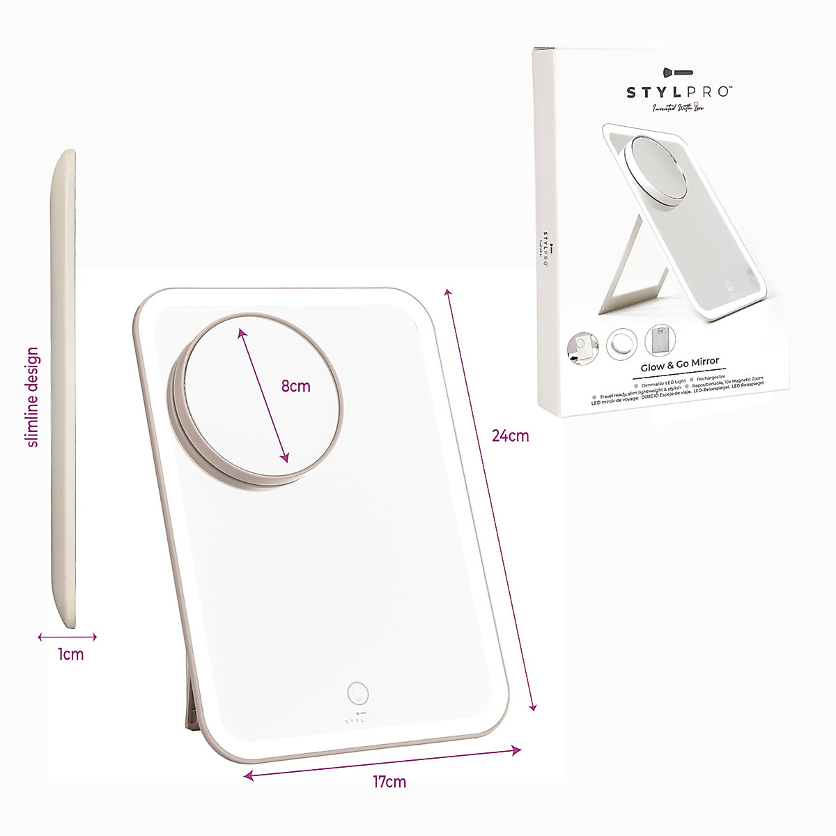 stylPro Stylideas Glow and Go Travel Mirror - Makeup Mirror with Lights Perfect for Hair Styling - USB Rechargeable - with Protective Sleeve - 1 pc.