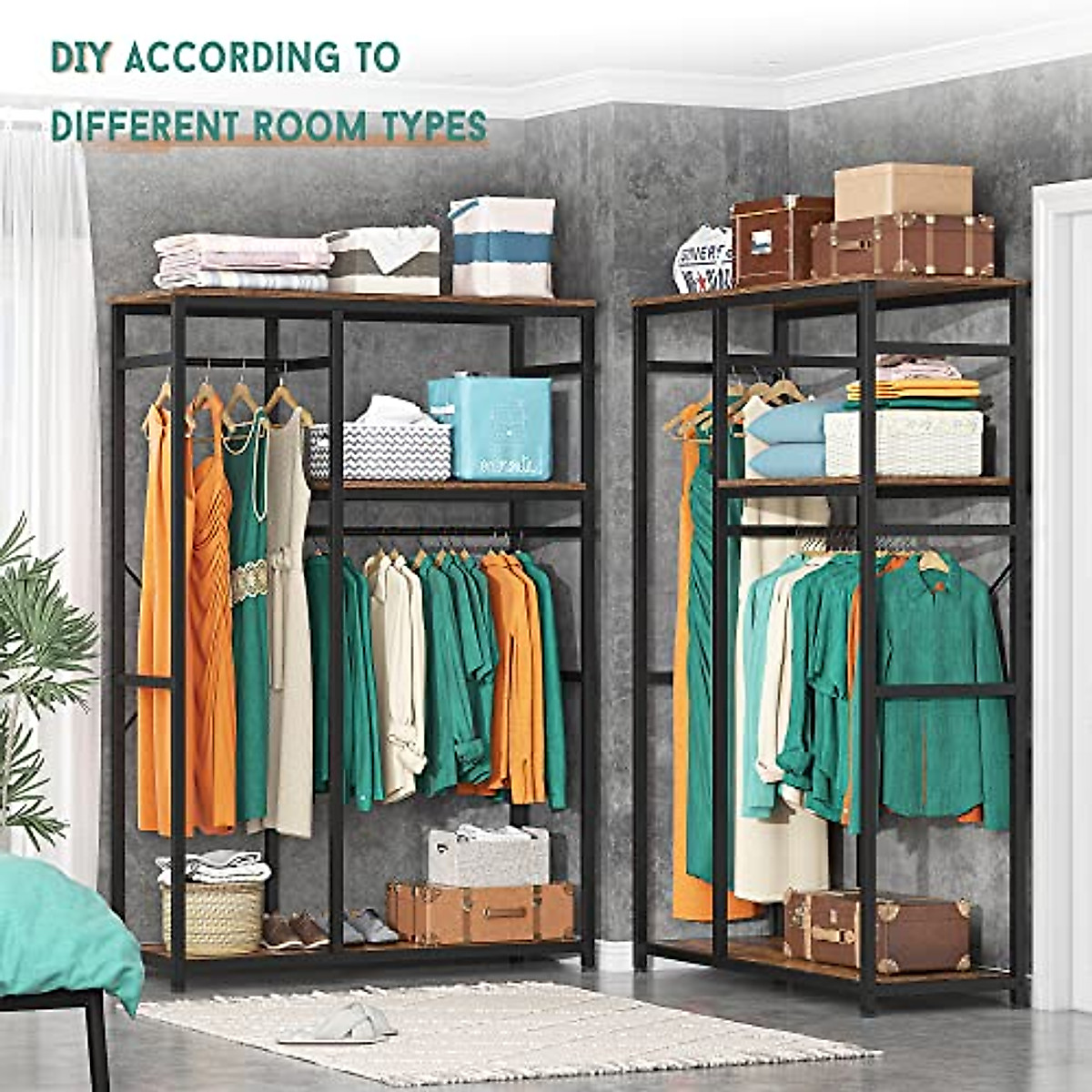 REIBII Free Standing Closet Organizer Clothes Rack with Storage Shelves Clothing Racks for Hanging Clothes Wooden Heavy Duty Garment Rack Metal Portable Closet for Hanging Clothes 72" H
