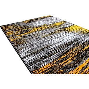Champion Rugs Modern Contemporary Rugs for Living Dining Room Abstract Brush Stripes Yellow Grey Black Area Rug (5’ 3” X 7’ 5”)