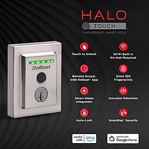Kwikset Halo Touch Contemporary Square Wi-Fi Fingerprint Smart Lock No Hub Required featuring SmartKey Security in Satin Nickel (99590-003)