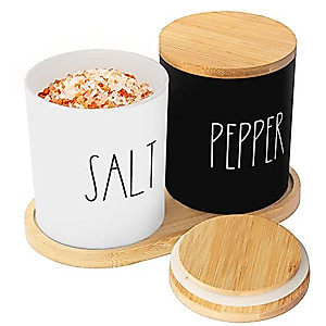 ALPIRIRAL Salt and Pepper Bowls, Salt and Pepper Holder Set with Bamboo Tray, Salt Container with Bamboo Lid, Black and White Salt Cellar, Salt Box for Countertop, Farmhouse Kitchen Decor, Set of 2