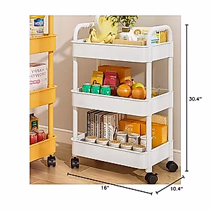 3-Tier Plastic Rolling Utility Cart Storage Cart Organizer with Wheels Small Laundry Room Cart for Dorm Organization Bathroom Kitchen Office (White)
