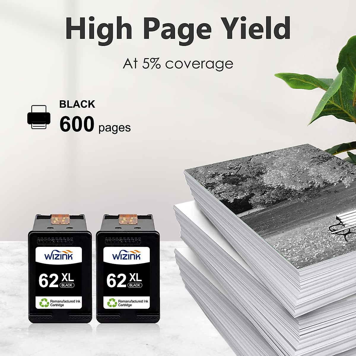 WIZINK 62 62XL Ink Cartridges Replacement 2black Ink cartridges for HP Ink 62 XL 62xl for Printer Envy 5660 7645 5540 7640 5643 5663 Officejet 5740 200 5746 5745 OfficeJet Mobile 200, 250 (2 Black)