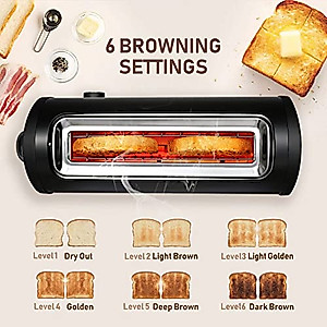 Long Slot Toaster, KETIAN 2 Slice 1.65'' Extra Wide Slot Stainless Steel Toaster Single Slot Slim Bread Toasters,Reheat Defrost Cancel Functions,6 Shade Settings,Removable Crumb Tray,Matte Black