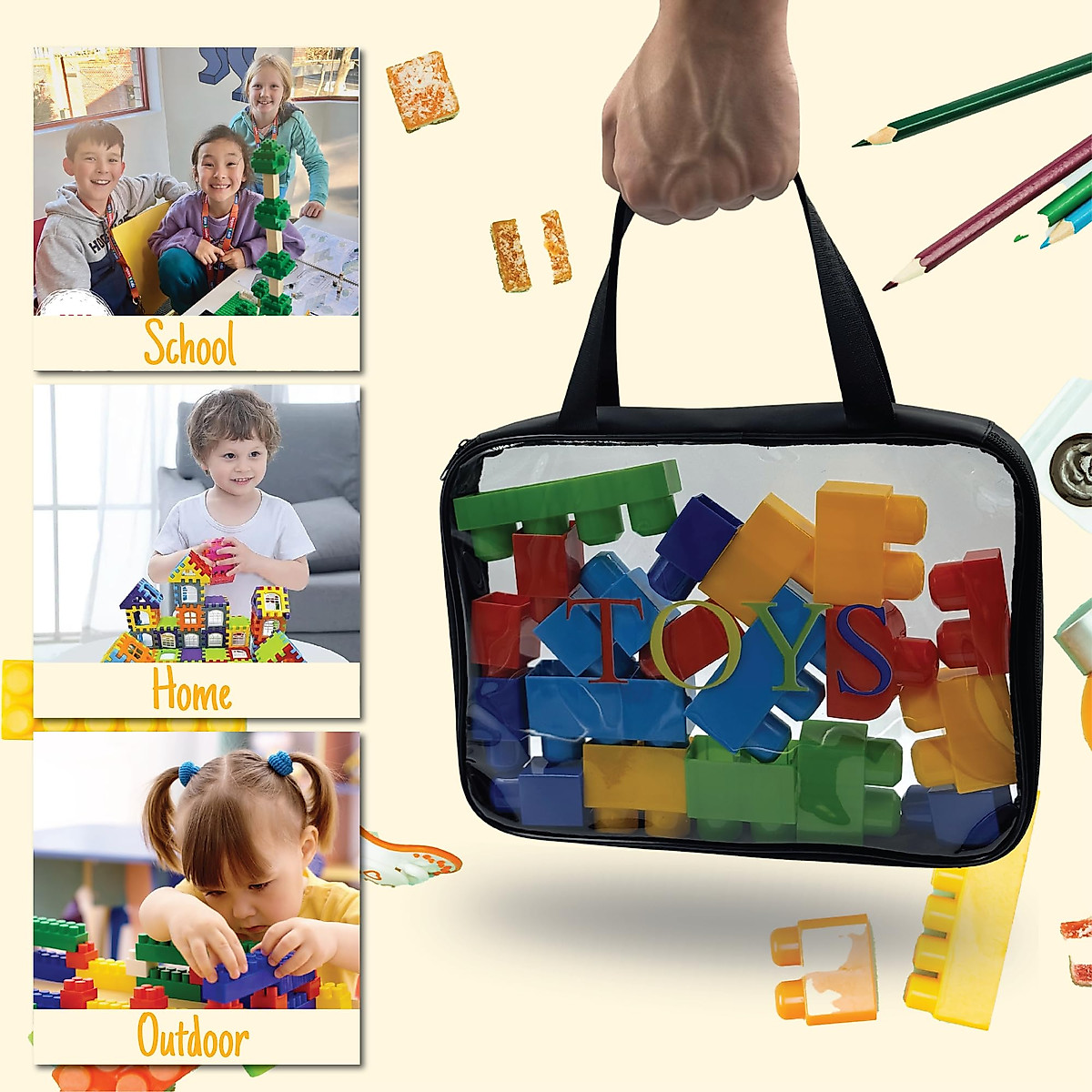 4 Packs Large Toy Storage Bags,Clear PVC Bags with Zipper,Toy Storage Organizer,Waterproof Toy Bags for Board Games, Building Blocks,Leather Material,TOYS design,(Big Size)