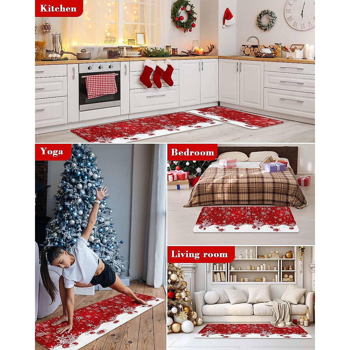 LUSWEET Xmas Kitchen Mat 2 Piece Christmas Kitchen Rugs Non Slip Winter Snowflake Mats Soft Glitter Sparkle Kitchen Runner Rug Water Absorbent Red Floor Mat for Kitchen,Sink,Laundry 16"x24"+16"x47"